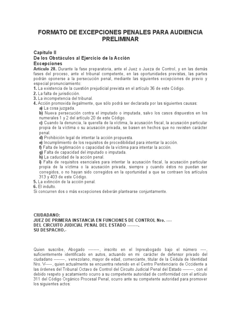Formato de Excepciones Penales para Audiencia Preliminar | PDF | Debido ...