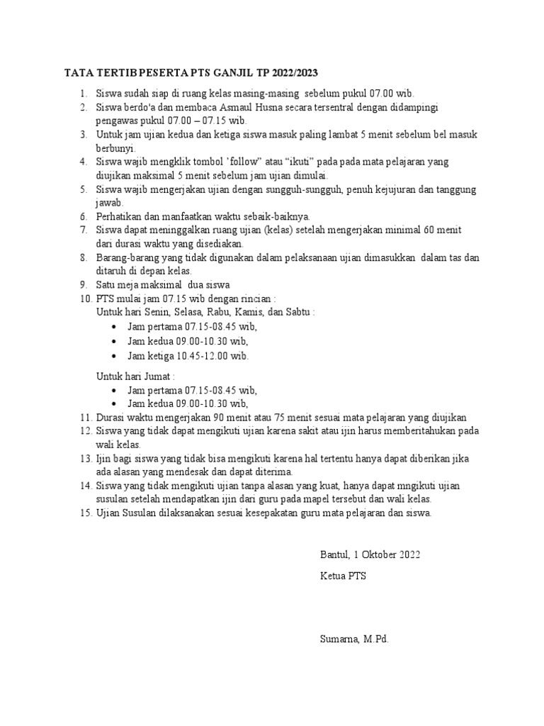 Tata Tertib PTS Ganjil 2022-2023 | PDF