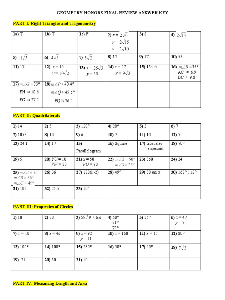 Geometry Honors Final Review Answer Key | PDF | Triangle Geometry ...