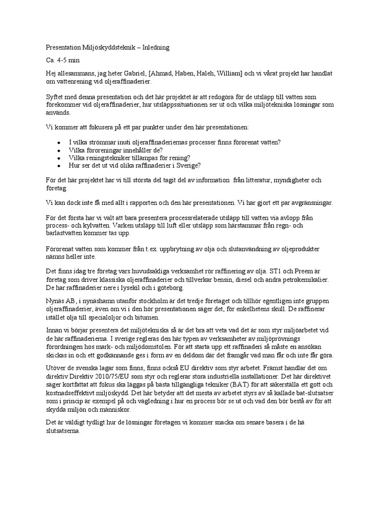 Presentation Miljöskyddsteknik Inledning | PDF