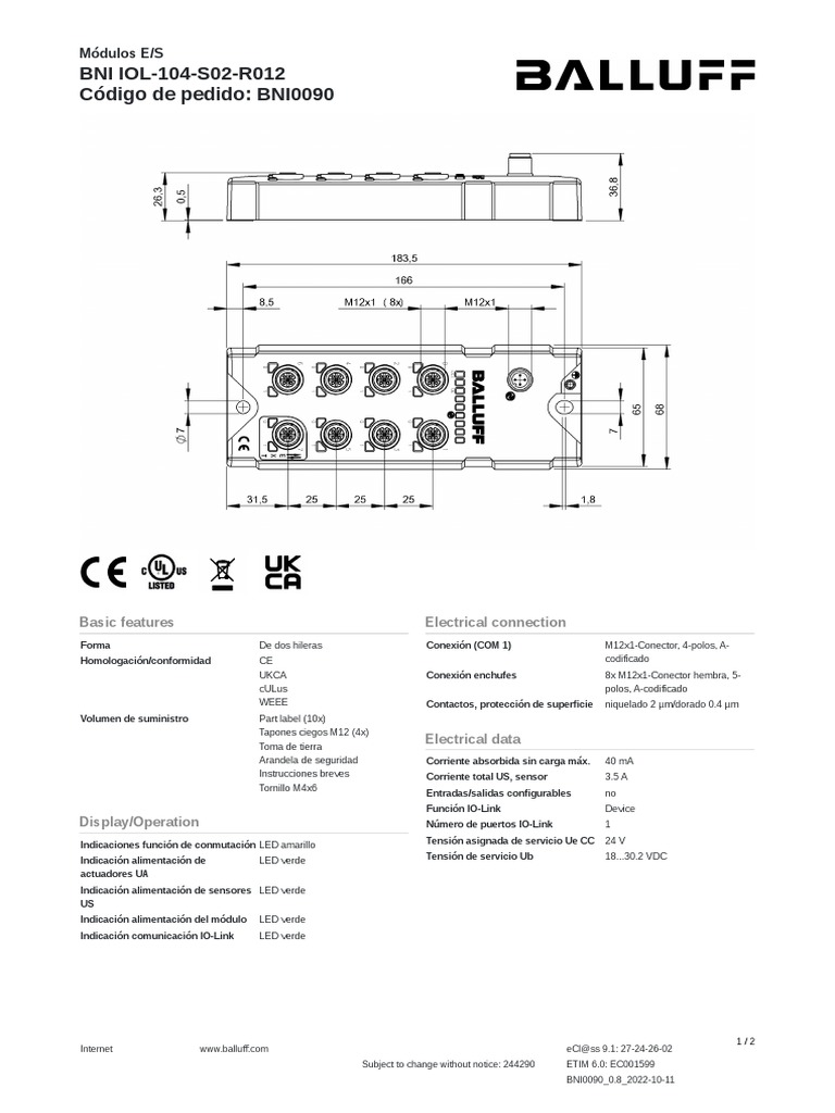 Datasheet BNI0090 244290 Es | PDF | Informática | Electricidad