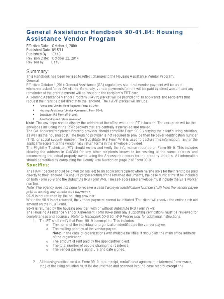 General Assistance Handbook 90-01.84 Housing Assistance Vendor Program | Download Free PDF ...