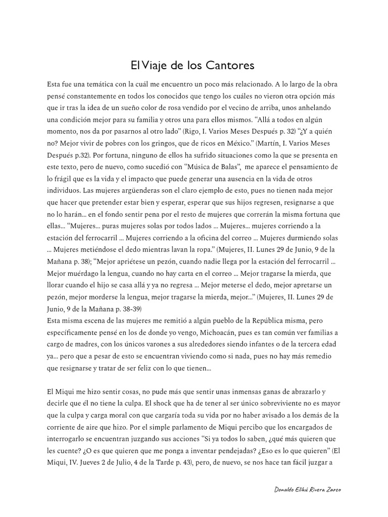 Comentario de "El Viaje de Los Cantores", de Hugo Salcedo | PDF
