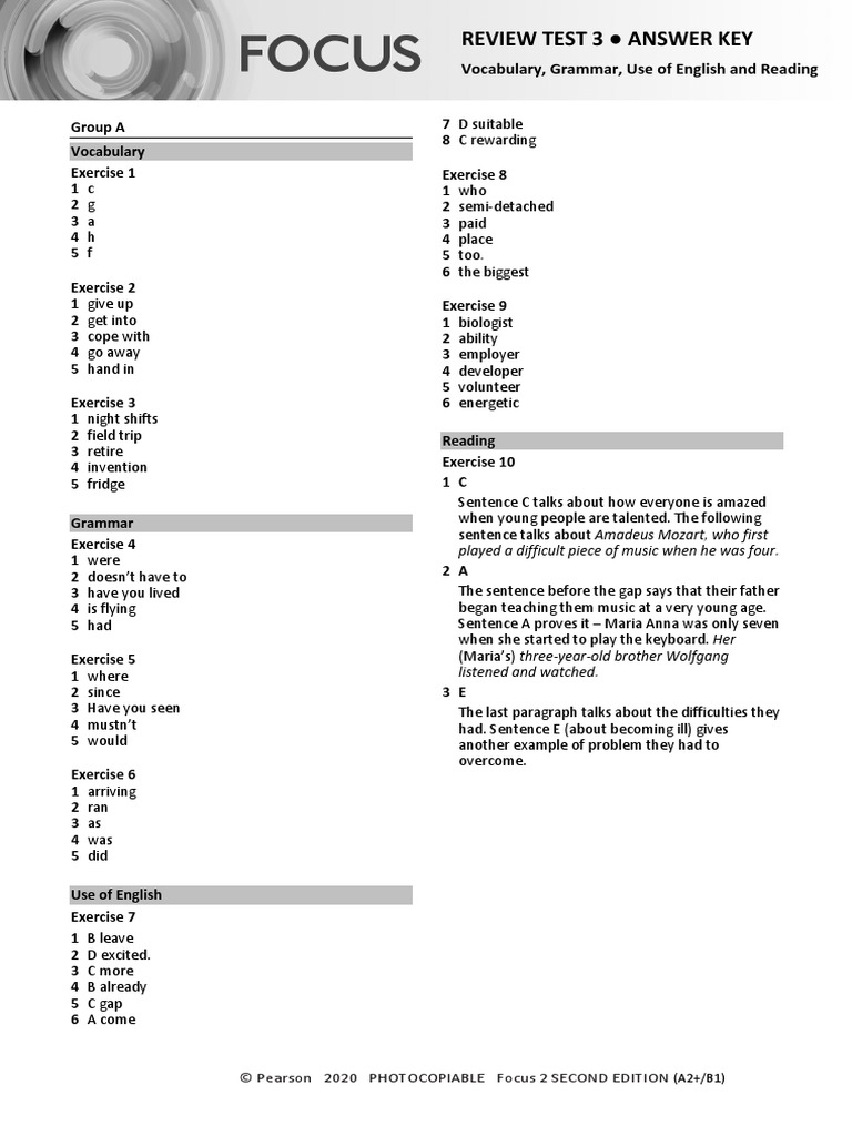 Focus2 2E Review Test 3 Units1 6 Vocabulary Grammar UoE Reading GroupA ...