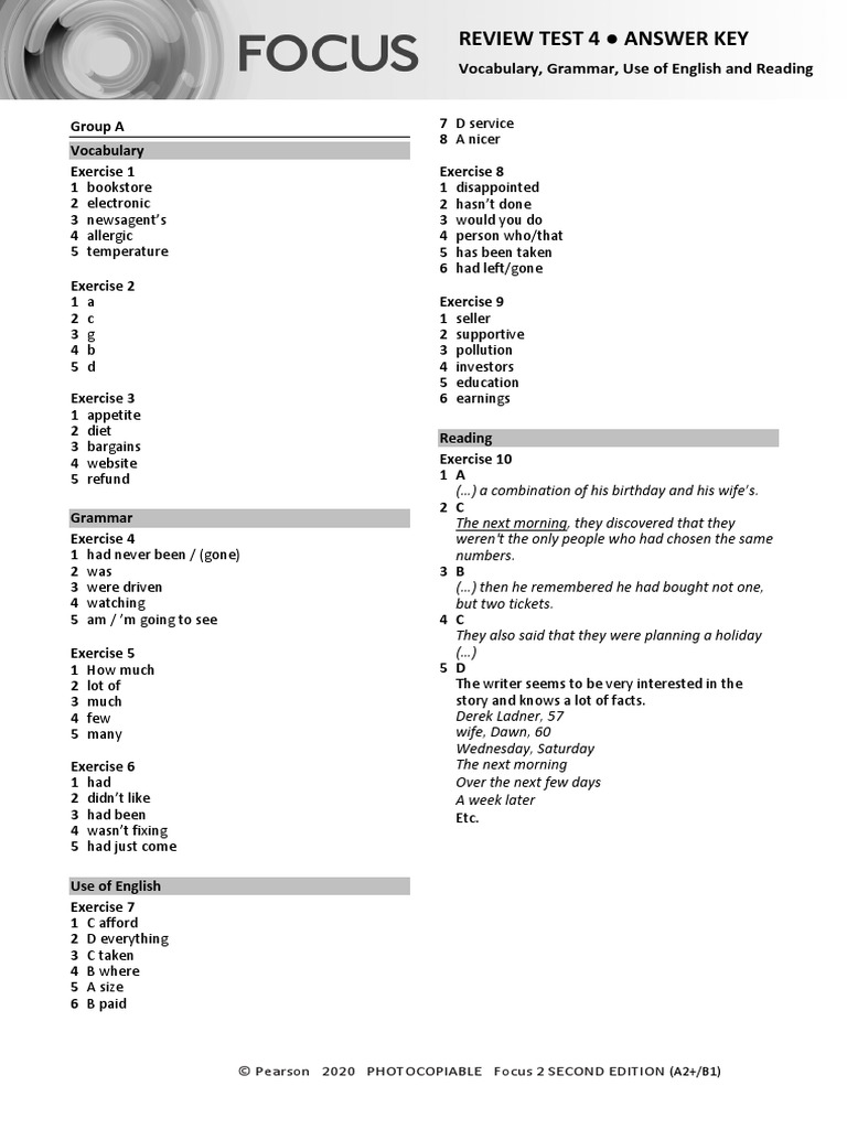 Focus2 2E Review Test 4 Units1 8 Vocabulary Grammar UoE Reading GroupA ...