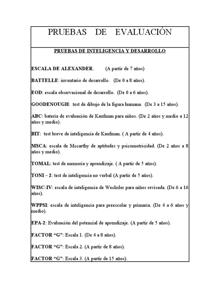 LISTA de PRUEBAS Psicologicas para Ninos | PDF | Inteligencia | Afasia