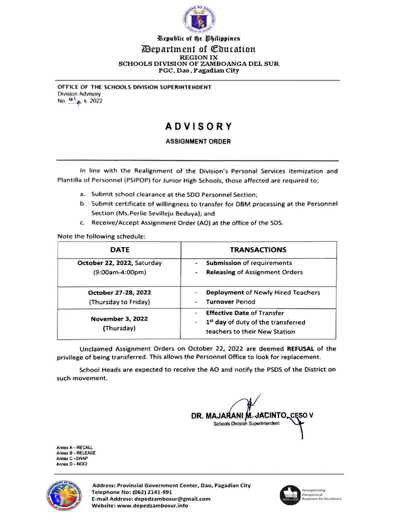 Advisory JHS Assignment Order | PDF | Government | Philippines