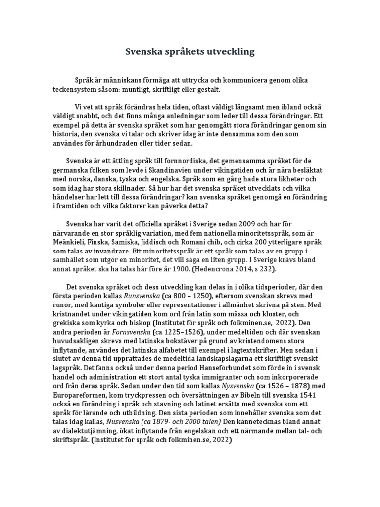 Svenska Språkets Utveckling Essä | PDF