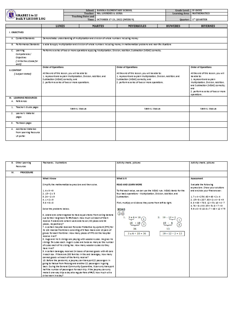 DLL - Mathematics 4 - Q1 - W9 | PDF | Mathematics | Multiplication