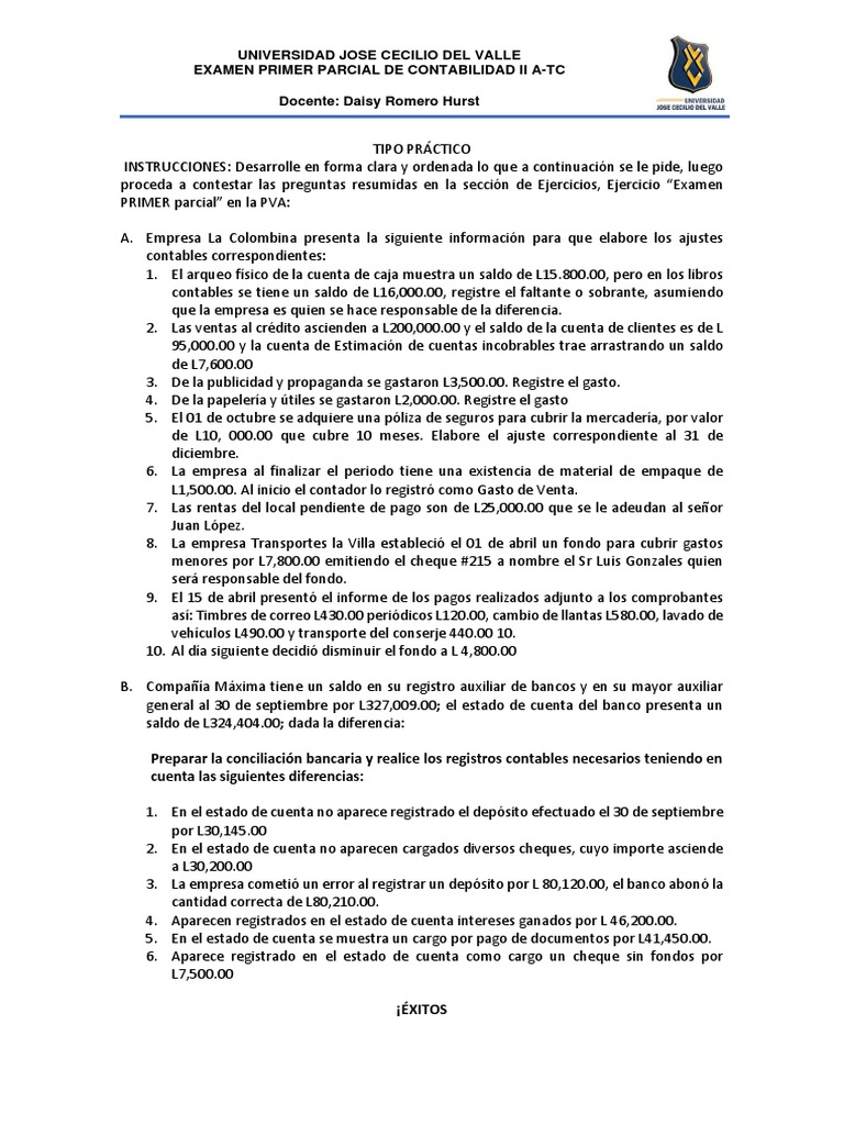 Examen Primer Parcial Contabilidad II II 2022 | PDF | Contabilidad | Bancos