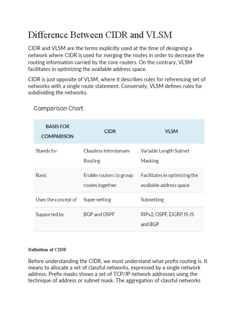 CIDR vs VLSM: Key Differences Explained | PDF | Ip Address | Computer ...