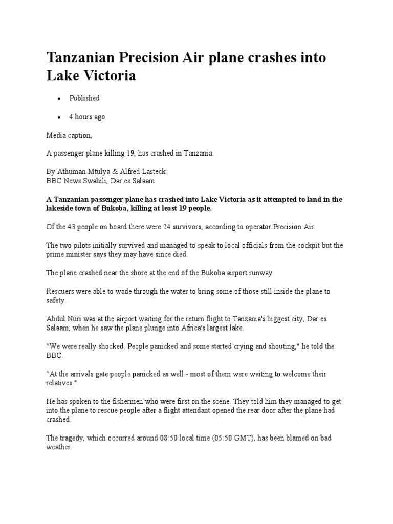 Tanzanian Precision Air Plane Crashes Into Lake Victoria | PDF ...