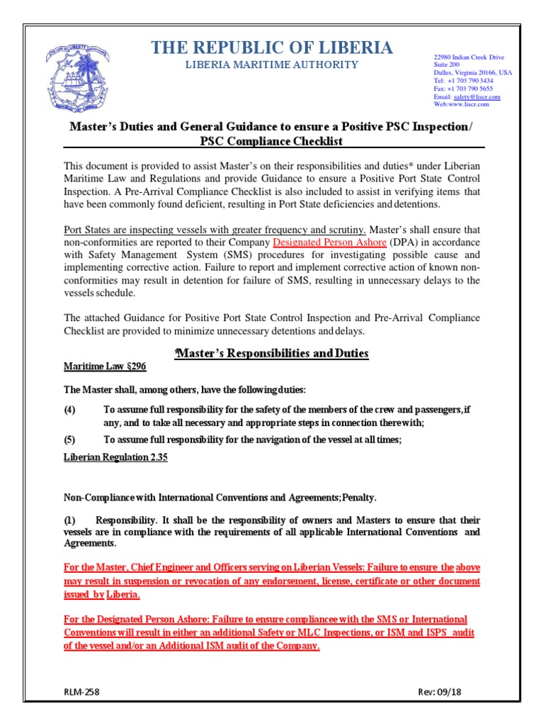 LISCR Master's Duties and General Guidance To Ensure A Positive PSC ...