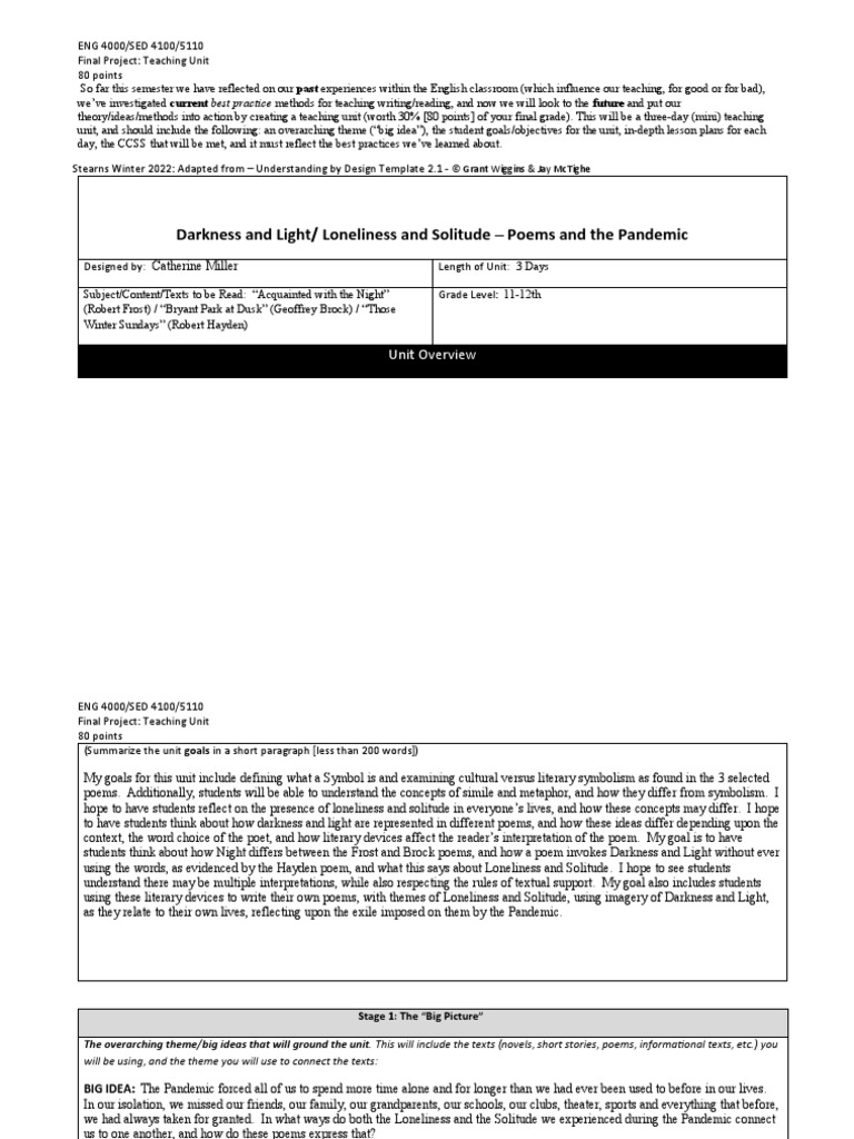 Final Project Teaching Unit Loneliness and Solitude | PDF | Poetry ...