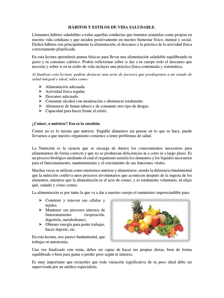 Lectura de Hábitos y Estilos de Vida Saludable | PDF | Caloría | Dieta
