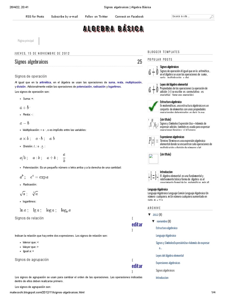 Signos Algebraicos - Algebra Básica | PDF | Multiplicación | Álgebra