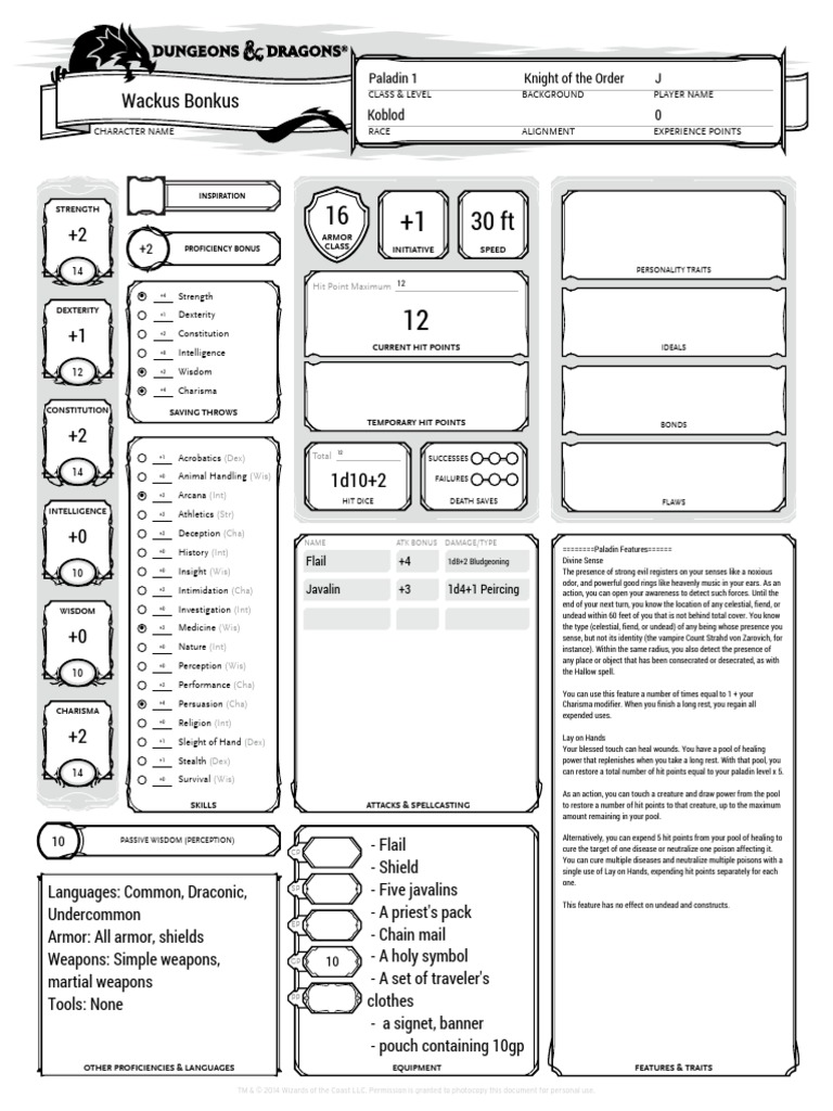 Wackus Bonkus - LVL 1 Paladin - Koblod | PDF | Role Playing Games ...