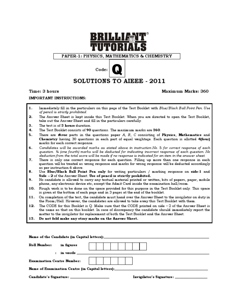 Solutions To Aieee - 2011: Paper-1: Physics, Mathematics & Chemistry Code | PDF | Teaching ...