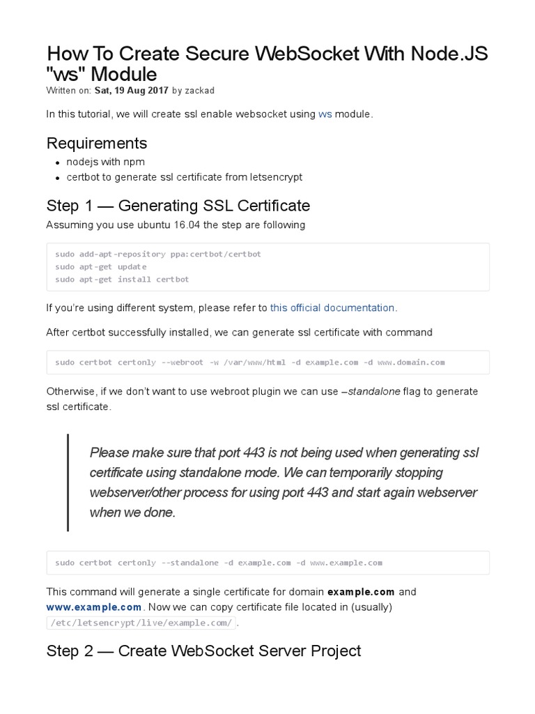 How To Create Secure WebSocket With Node - JS | PDF | Transport Layer Security | Networking