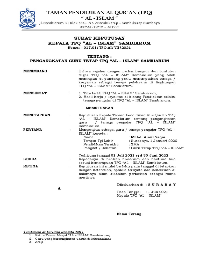 Contoh SK - TPQ | PDF