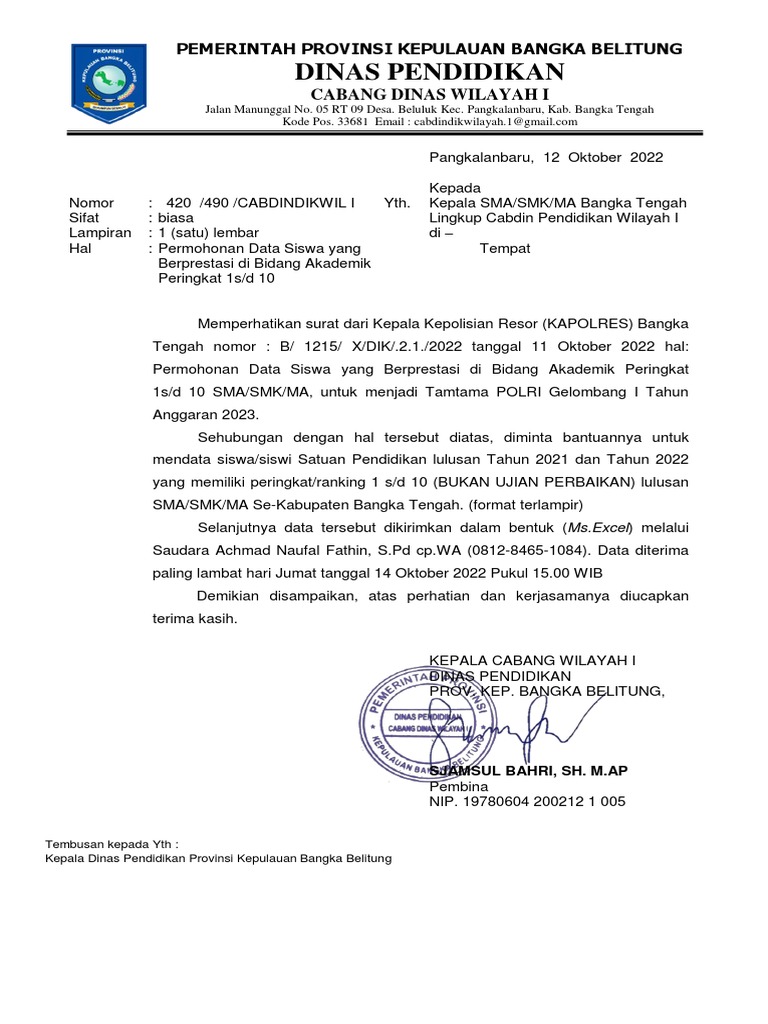 Surat Permohonan Data Siswa Berprestasi | PDF