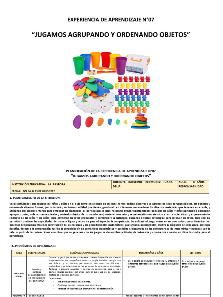 Agrupamos y Ordenamos Objetos Del Aula Resposabilidad Tres Años | PDF | Aprendizaje | Salón de ...