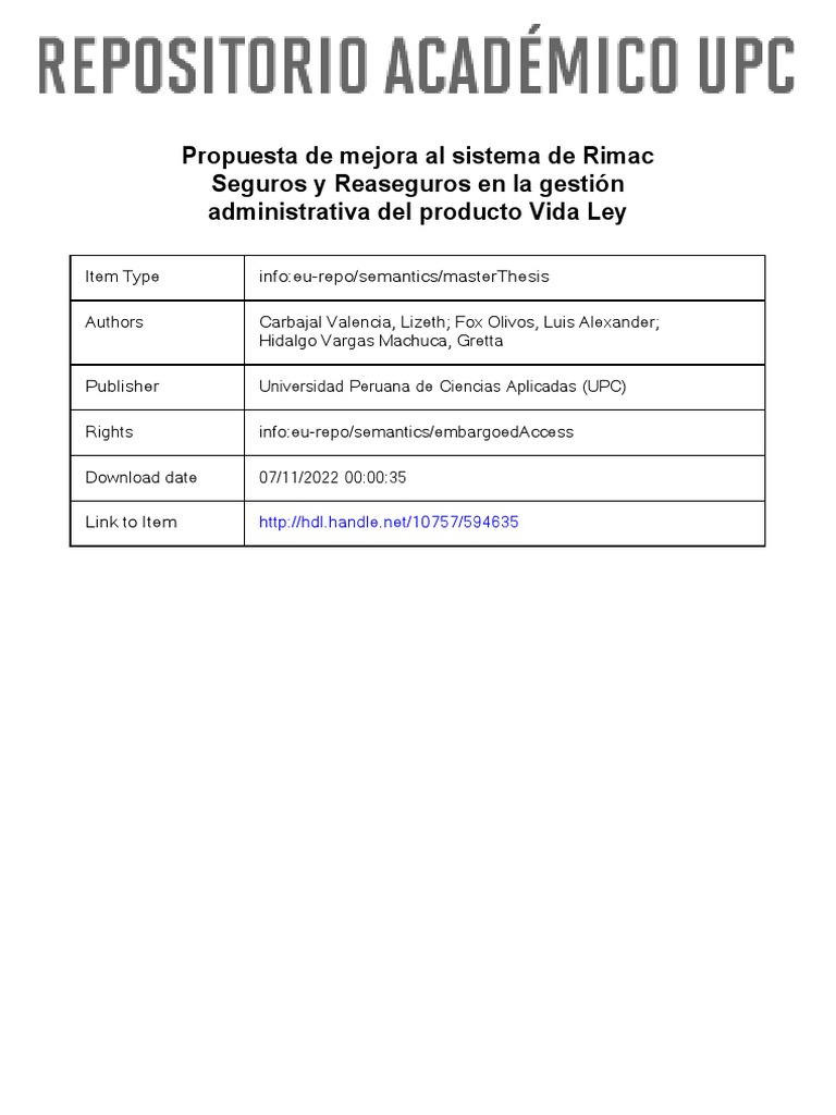 Propuesta de Mejora Al Sistema de Rimac Seguros y Reaseguros en La Gestión Administrativa Del ...