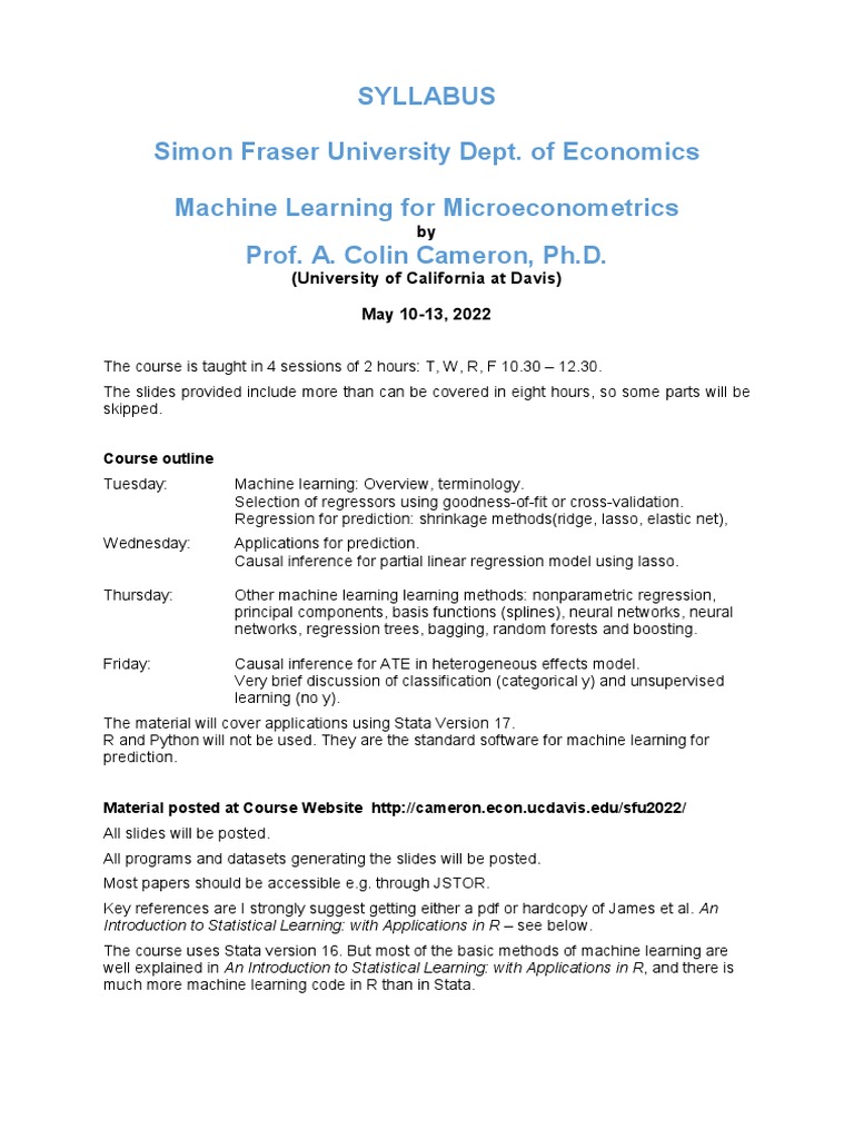 Course Syllabus - Colin Cameron | PDF | Machine Learning | Econometrics