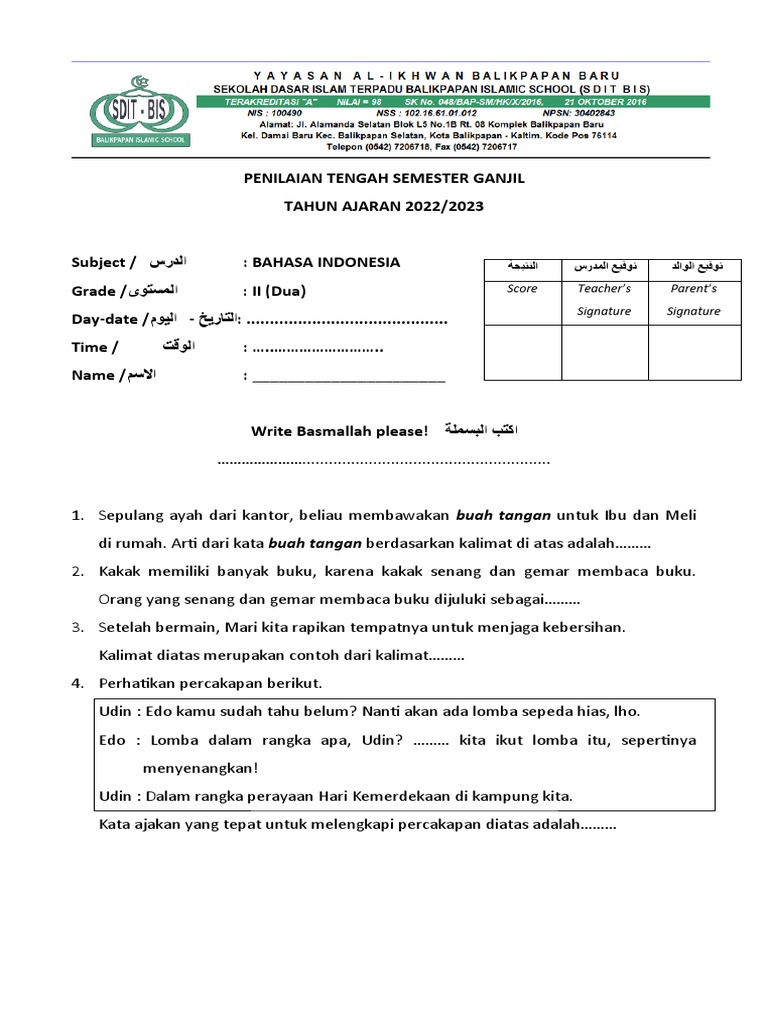 Soal Pts Ganjil Bahasa Indonesia Kelas 2 Ta. 22-23 | PDF