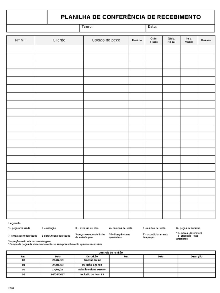 F13 Planilha de Recebimento | PDF