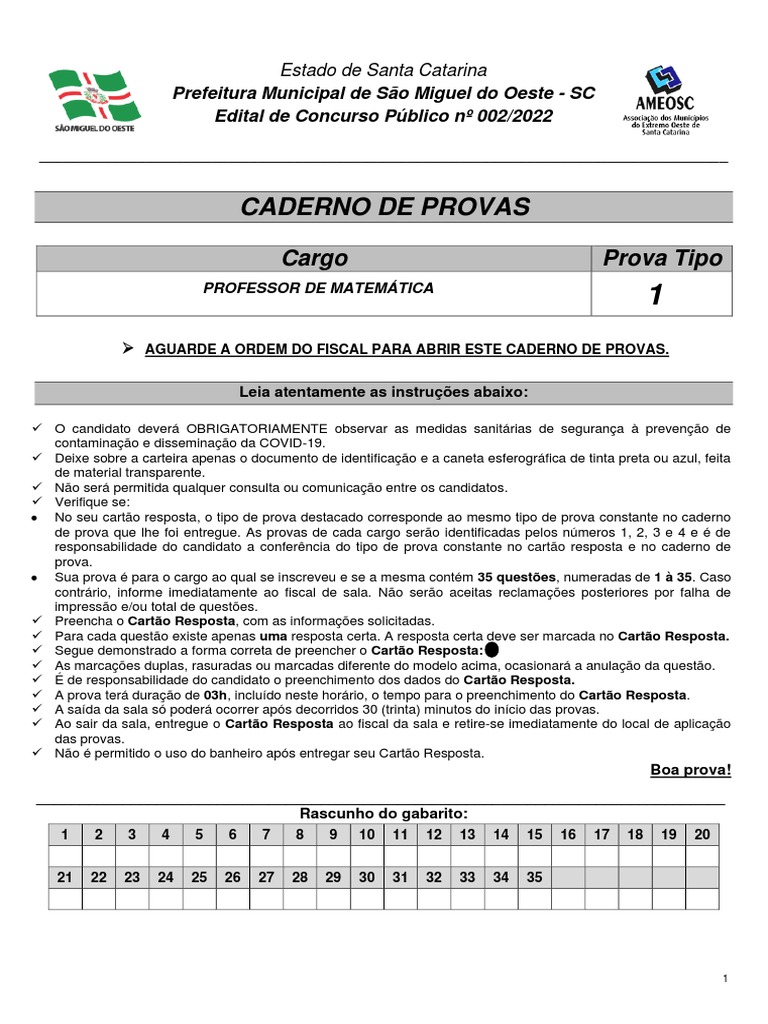 Professor de Matemática - Prova 1 | PDF | Science | Pré-escola