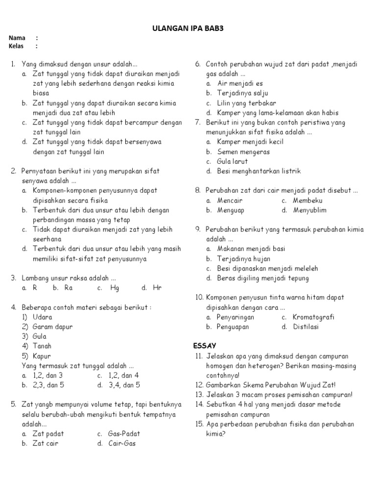 Ulangan Bab 3, IPA Kelas 7 | PDF