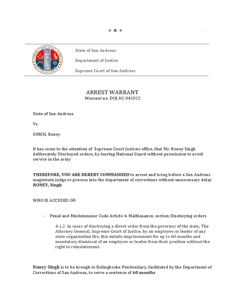 Arrest Warrant Roney Singh | PDF