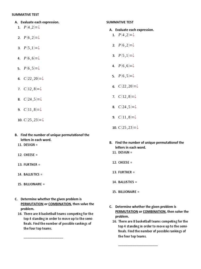Summative Test - Permutation and Combination | PDF Summative Test - Permutation and Combination | PDF