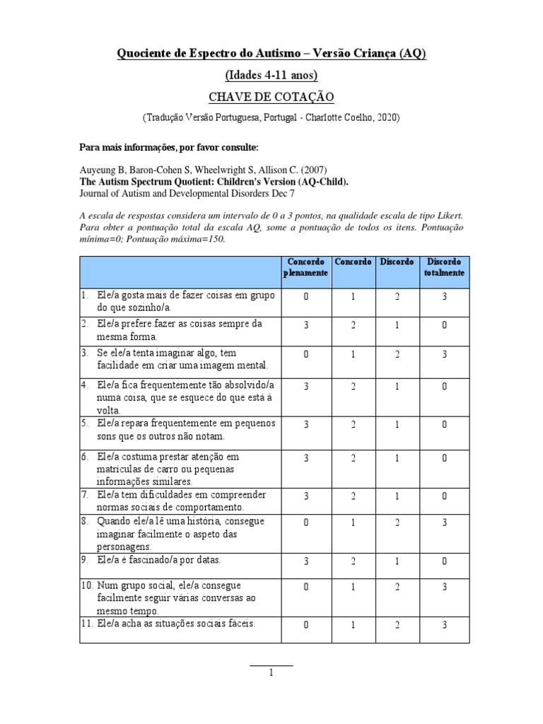 AQ Child Scoring Key Portuguese | PDF