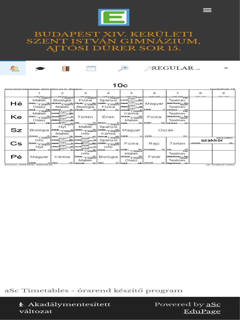 Órarend Budapest XIV. Kerületi Szent István Gimnázium, Ajtósi Dürer Sor ...