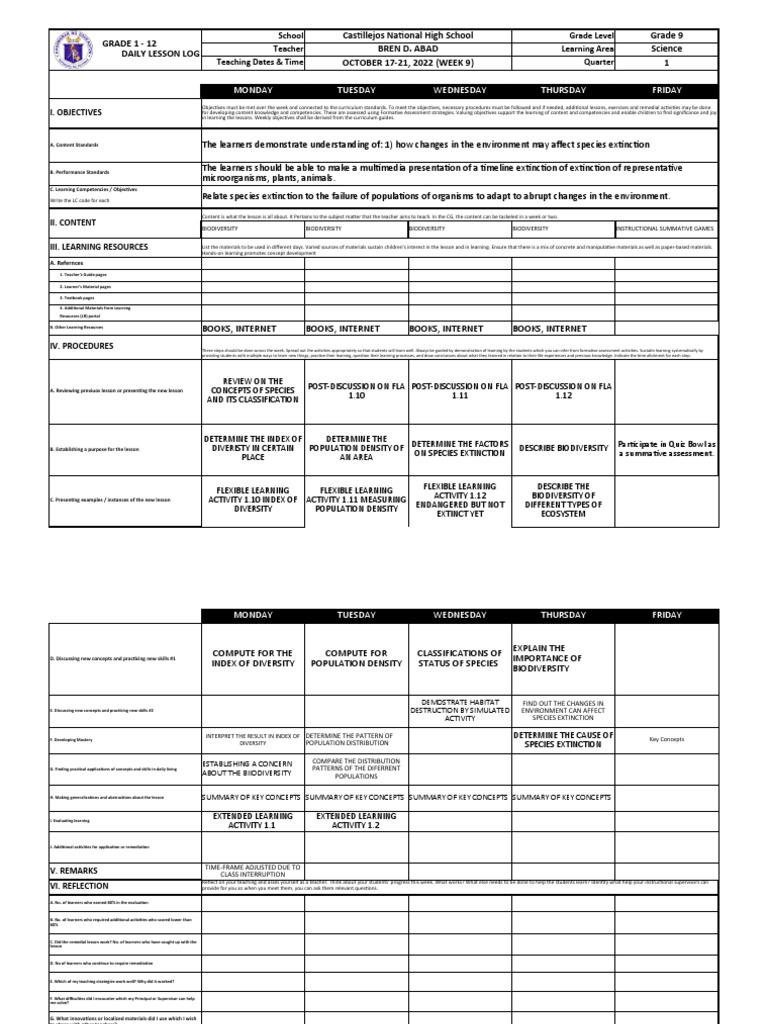 Grade 9 Science Lesson on Species Extinction | PDF | Learning ...