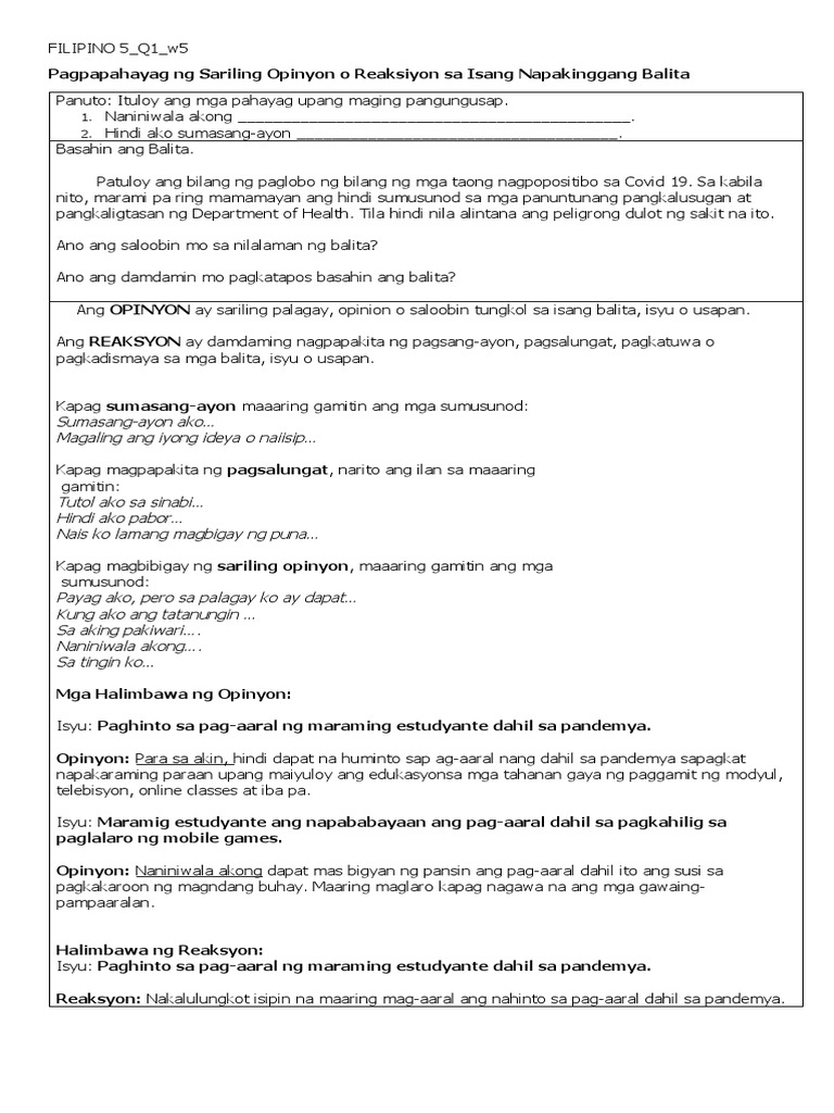 WS FILIPINO Q1 w5 | PDF