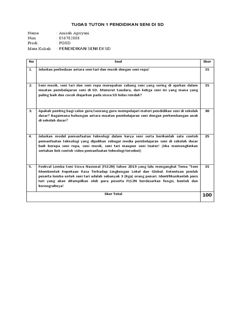 Tugas Tuton 1 Pendidikan Seni Di SD | PDF