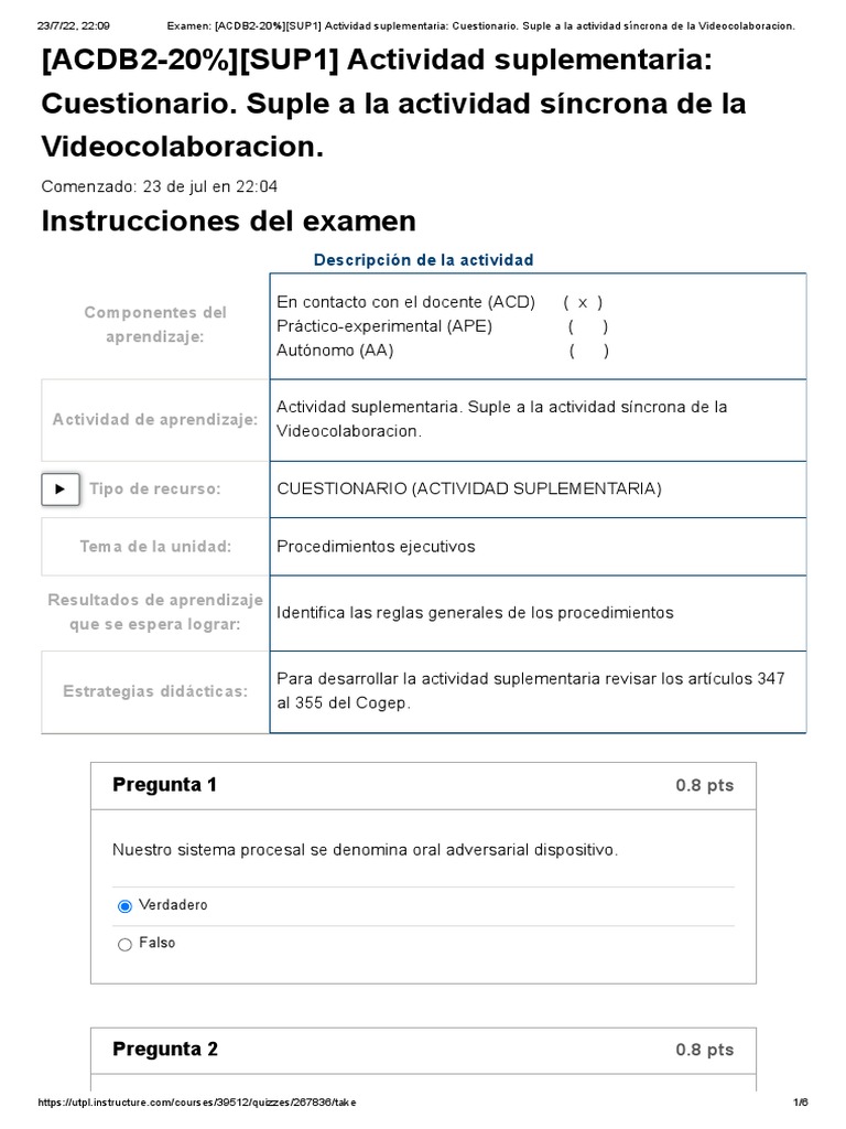 Examen - (ACDB2-20%) (SUP1) Actividad Suplementaria - Cuestionario. Suple A La Actividad ...