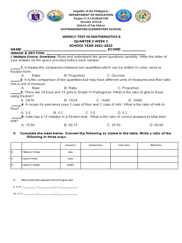 Mathematics Weekly Test for Grade 6 Students Focused on Ratios ...