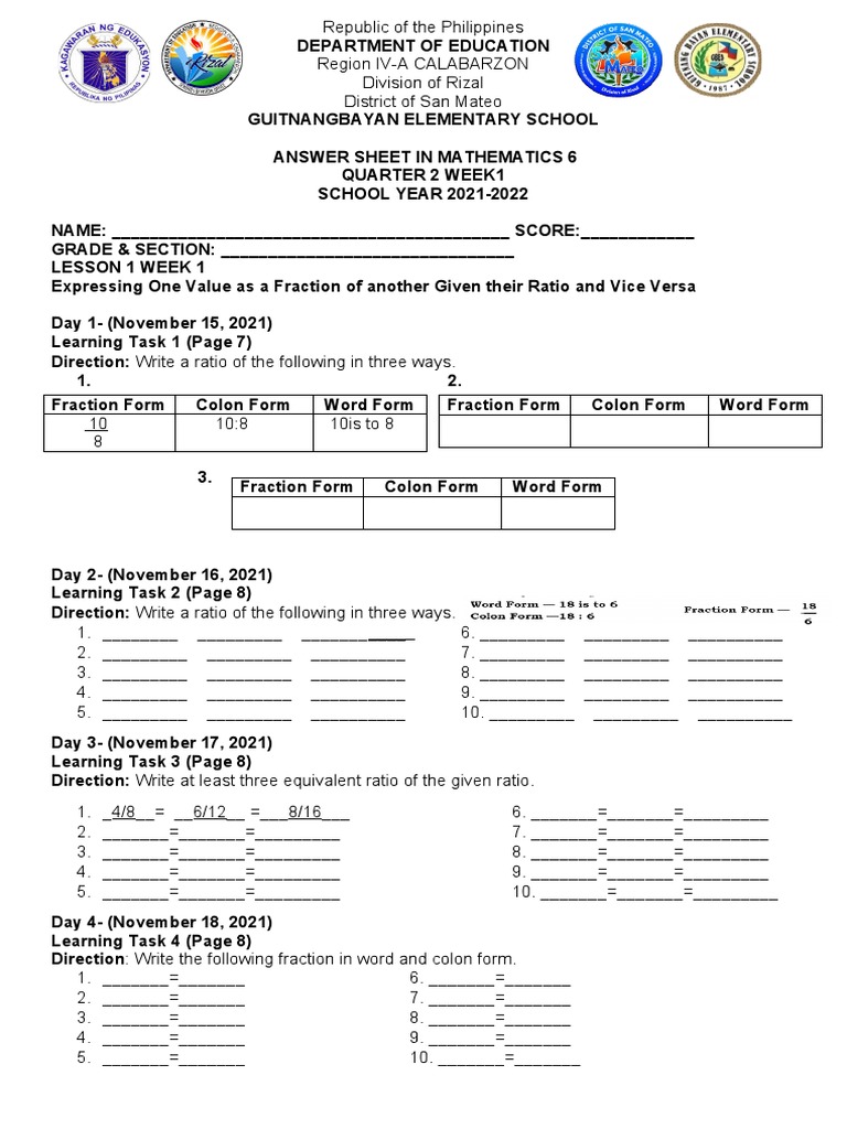 MATH 6 Answer Sheet Week 1 4 Q2 | PDF | Ratio | Percentage