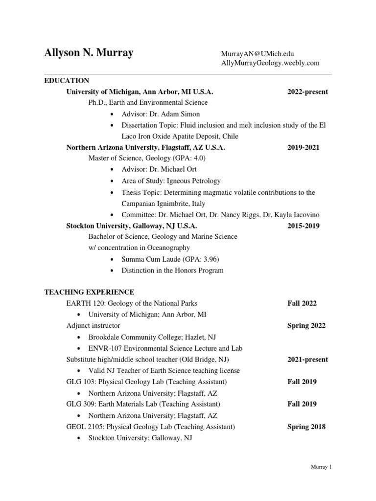 Murray Allyson CV 11 | PDF | Geology | Earth Sciences