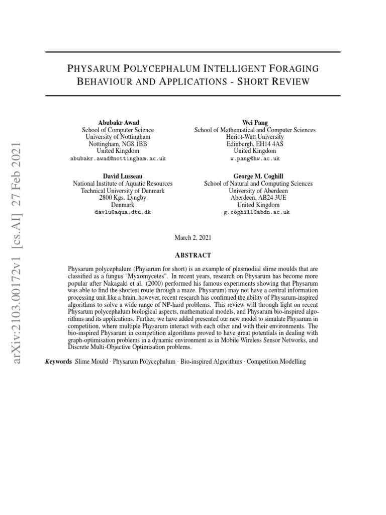 Physarum Polycephalum Intelligent Foraging Behavio | PDF | Mathematical Optimization | Competition