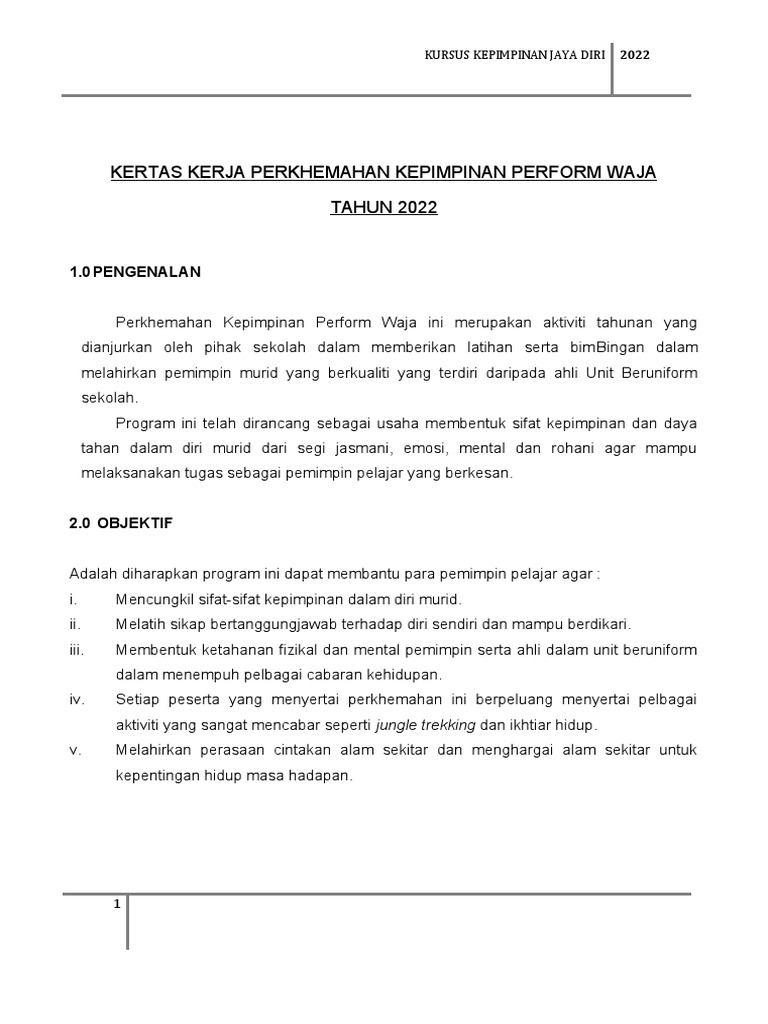 Kertas Kerja Perkhemahan Kepimpinan Perform Waja 2022 | PDF