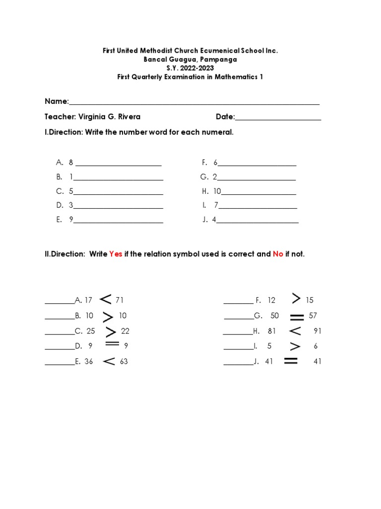 1ST Quarter Exam in Math 2022 2023 | PDF