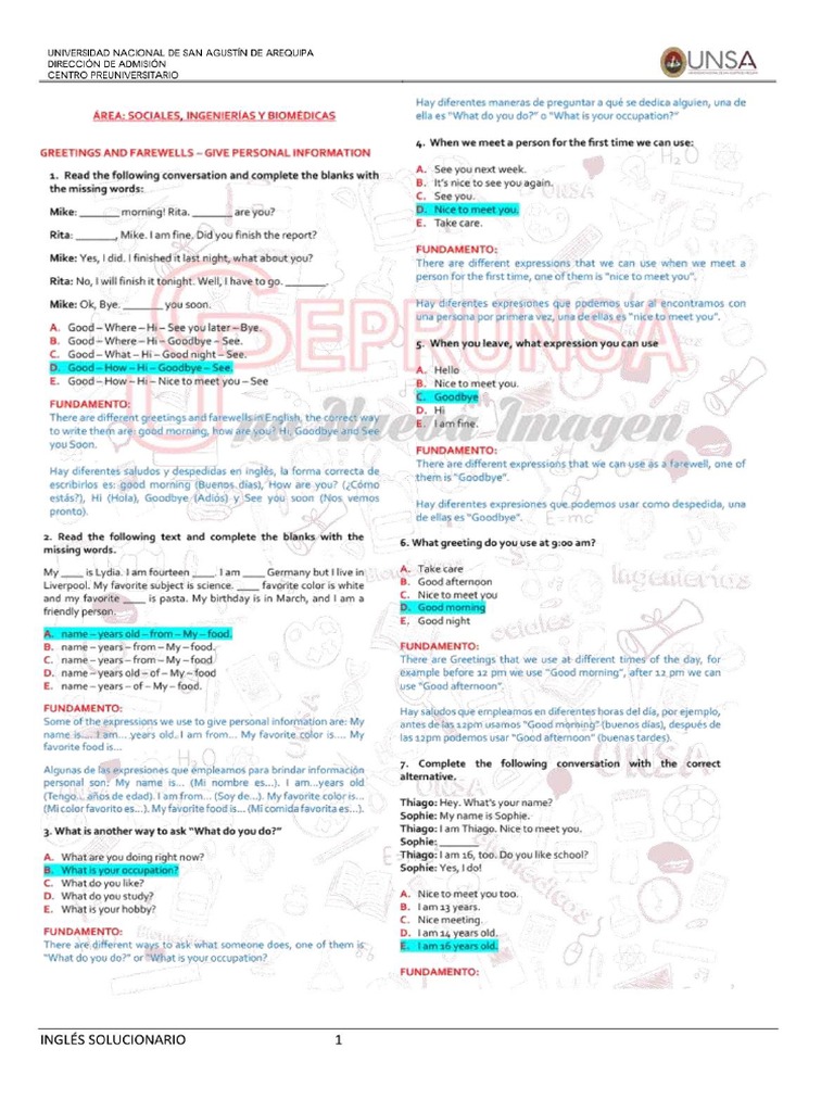 Ingles Solucionario Practica 01 | PDF