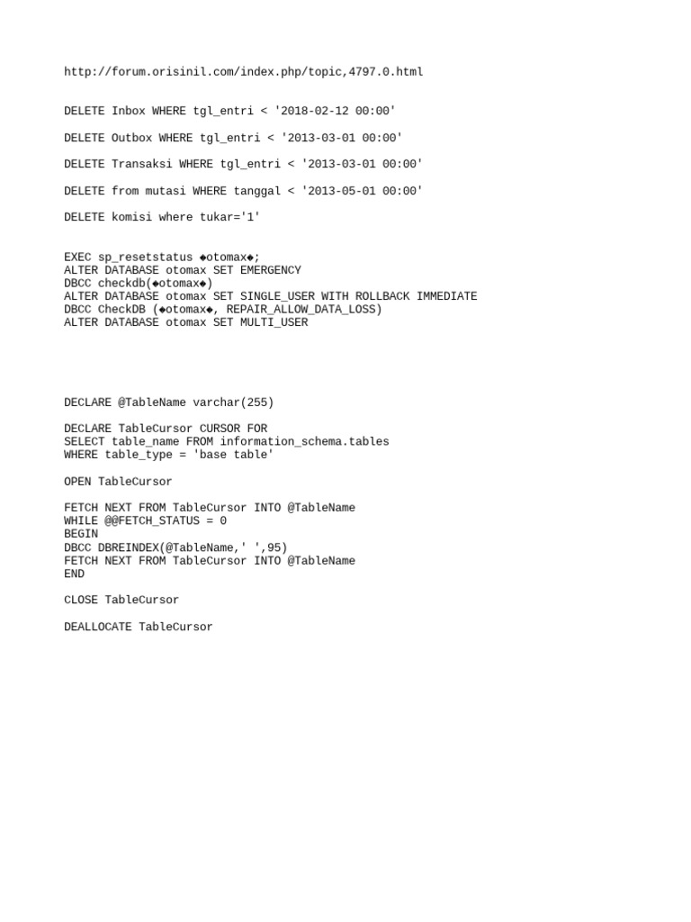 SQL Database Maintenance Commands | PDF