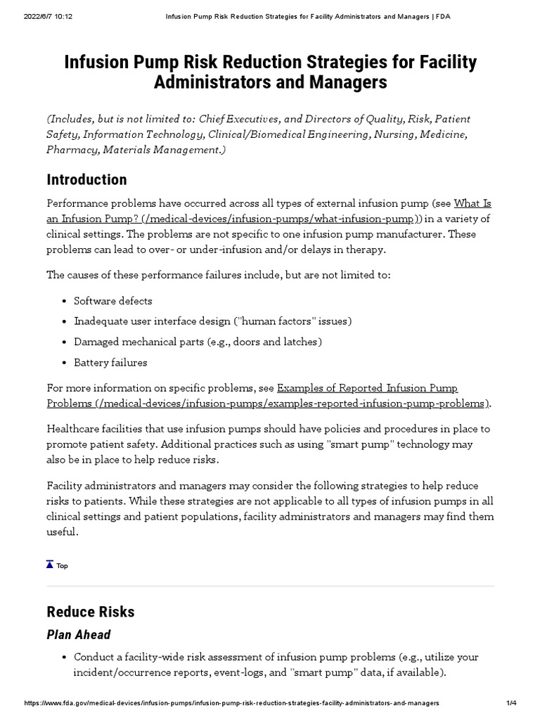 Infusion Pump Risk Reduction Strategies For Facility Administrators and ...