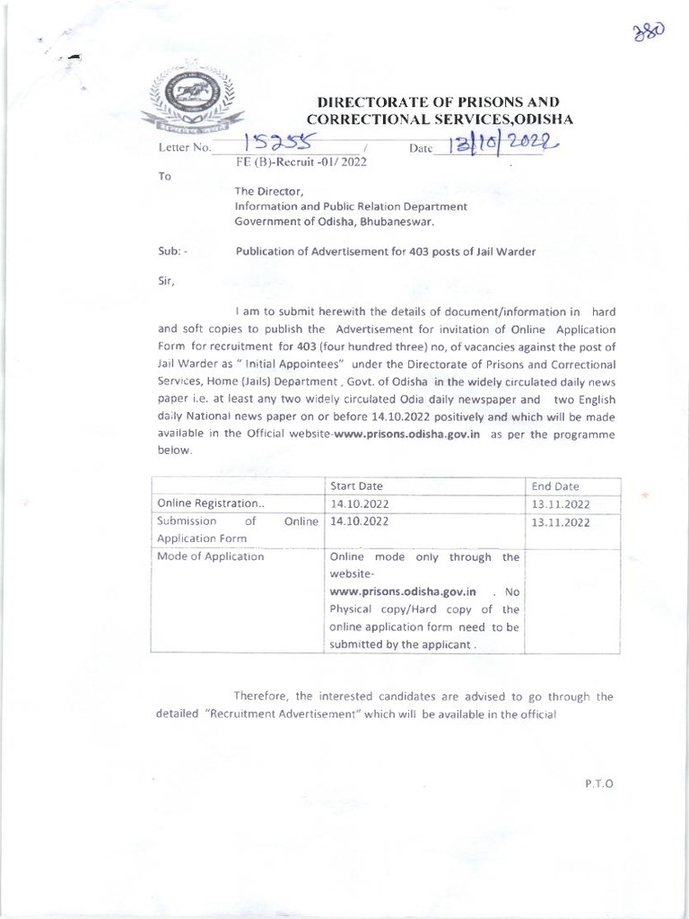 Notification Odisha Prison Jail Warder Posts | PDF | Multiple Choice ...